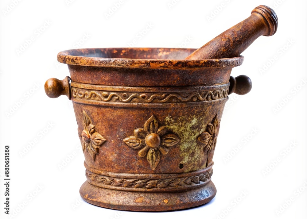Old rusty mortar isolated on a white background with intricate carvings ...