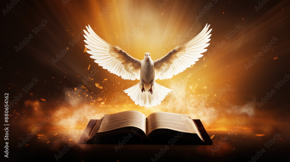 White dove descending upon open bible symbol of holy spirit Stock Photo ...