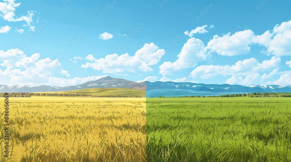 grassy meadow flat design front view open field cartoon drawing Split ...