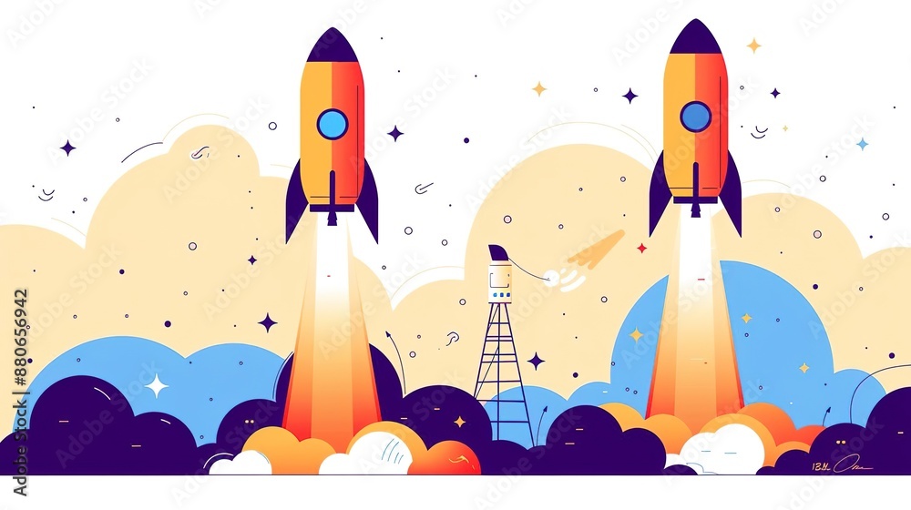 Isometric, A scene at a space launch facility with rockets being ...