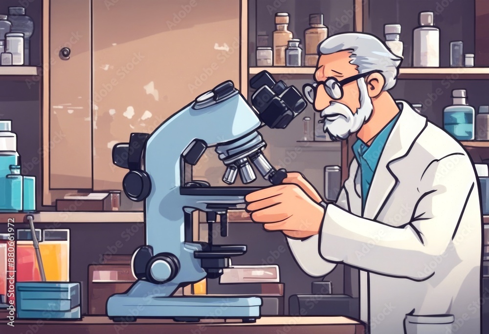 looking microscope cartoon laboratory illustration scientist vertical ...