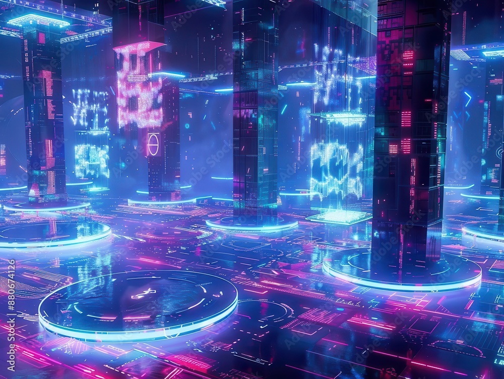 neonlit virtual reality arena with holographic game elements floating ...