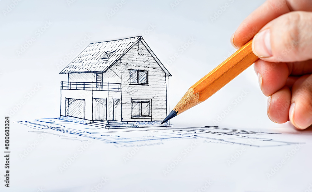 une main qui tient un crayon, en train de dessiner une maison sur une ...