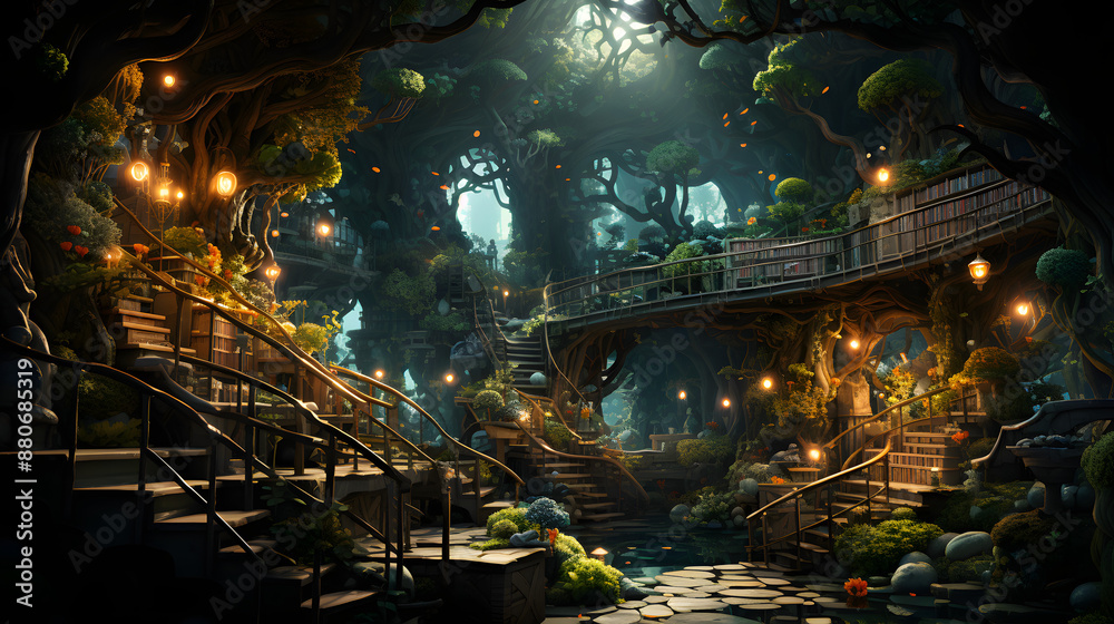 A magical library built into the trunks and branches of enormous trees ...