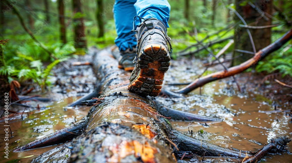 Individual struggling through a muddy forest pathway branches and mud ...
