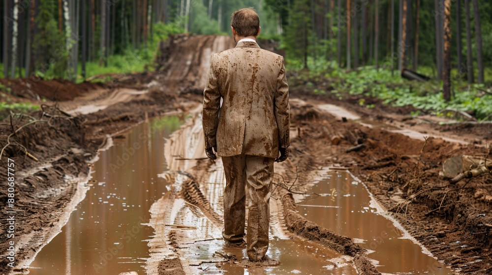 Businessman in a suit with mud stains navigating through a challenging ...