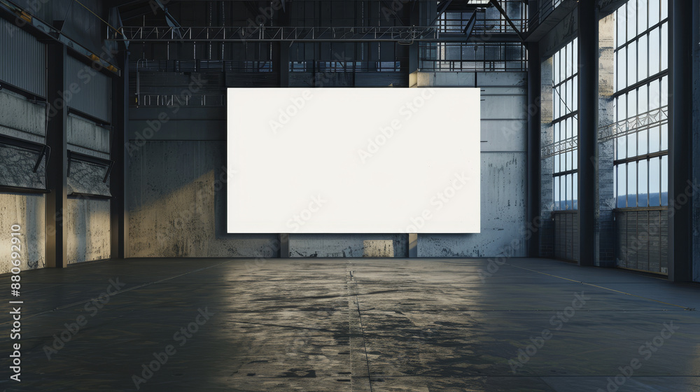 This 3D rendering of a modern exhibition hangar interior with an empty ...