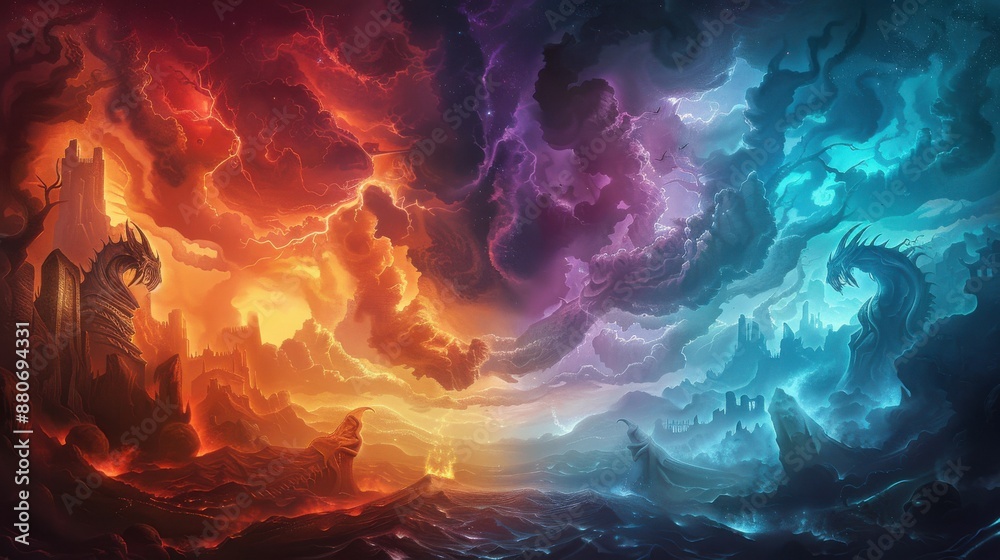 Fantasy Battle: Depict a fantasy battle scene with two warriors, each ...