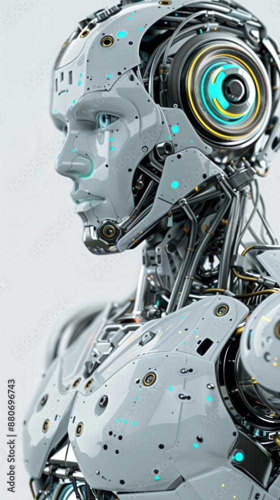 A close-up portrait of a white humanoid robot with its head turned ...