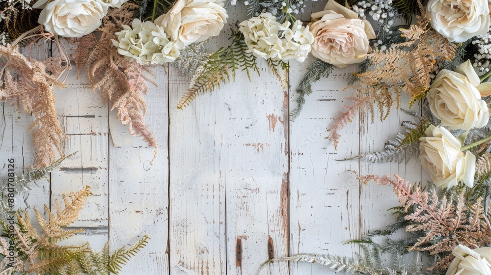 Vintage floral arrangement on rustic white wood with fern leaves dried ...