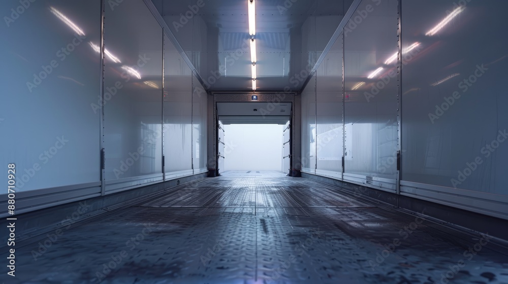 Empty refrigerated semi trailer inside with cargo area lighting The ...