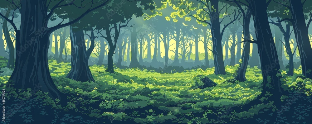 mossy forest flat design side view ancient woods cartoon drawing Split ...
