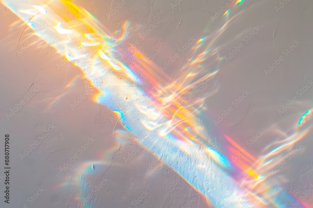 crystal prism rainbow light refraction texture on white wall background ...
