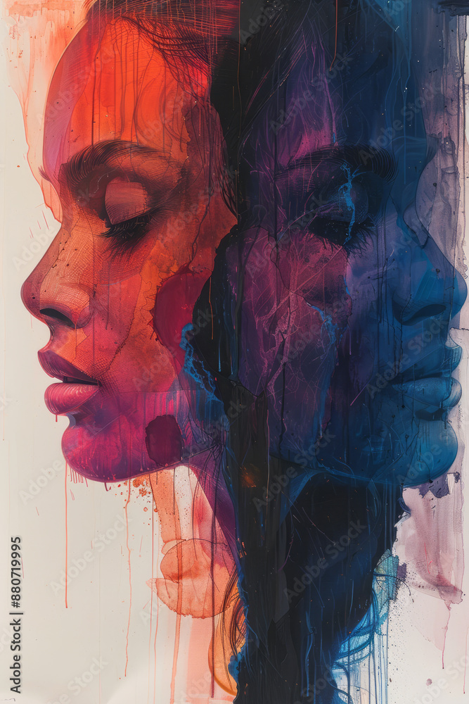 An abstract painting of two faces merging, with chemical structures of ...