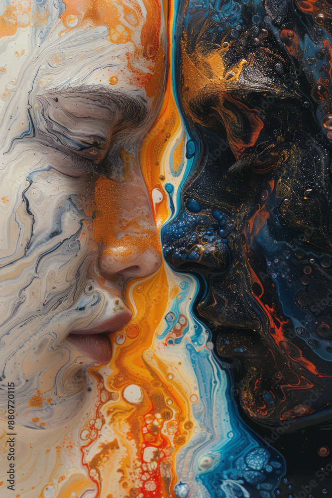 An abstract painting of two faces merging, with chemical structures of ...