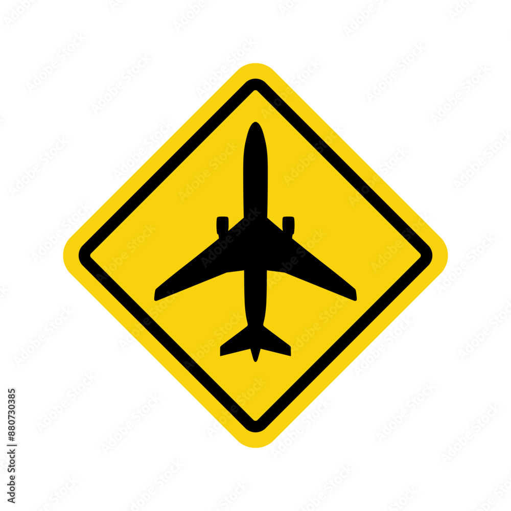 Airplane landing and take-off area warning sign. Yellow square with ...