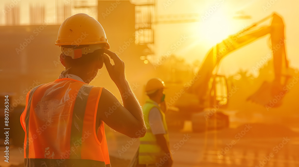 Heat wave, construction workers in hot weather,hot weather shines a ...