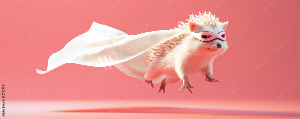 A superhero hedgehog in a white cloak and mask, jumping dynamically on ...