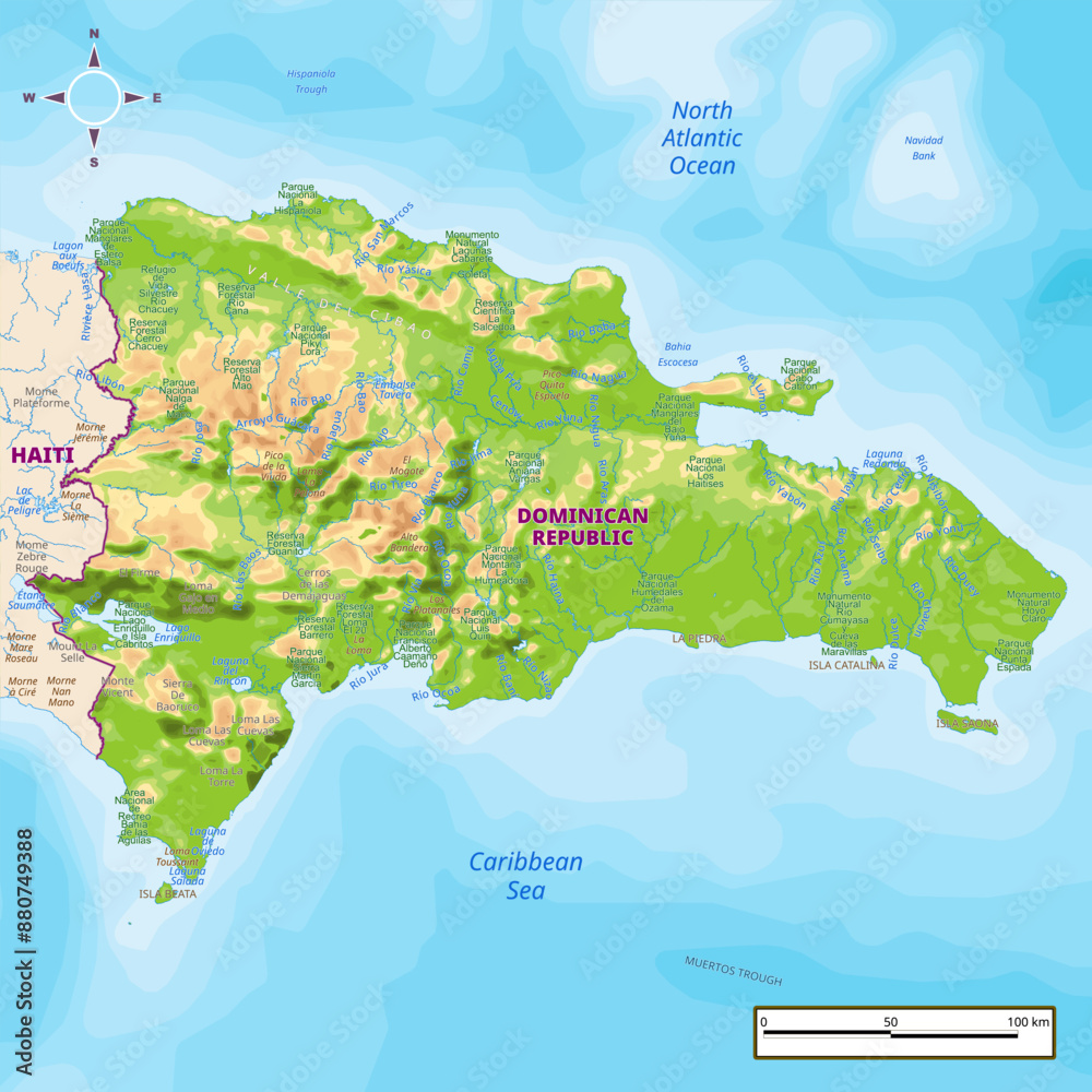Dominican Republic physical map with national borders, rivers and lakes ...