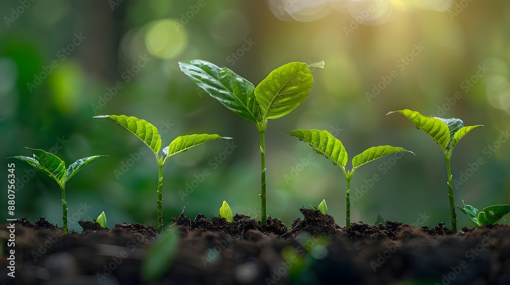 Five green saplings in a row, increasing in height from left to right ...