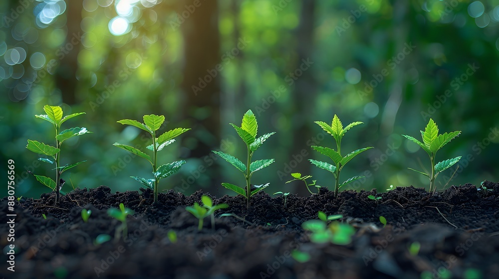 Five green saplings in a row, increasing in height from left to right ...