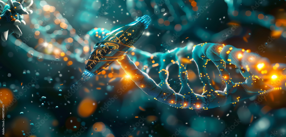 Abstract futuristic DNA background with glowing particles, blue and ...