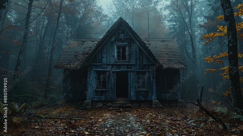 Spooky forest clearing with an old, abandoned cabin and shadowy figures ...
