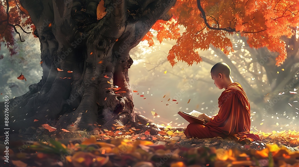 A monk reading ancient scriptures about Dharma under a Bodhi tree Stock ...
