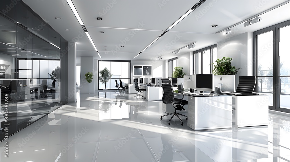 Sleek modern office space with glass-topped desks, ergonomic chairs ...