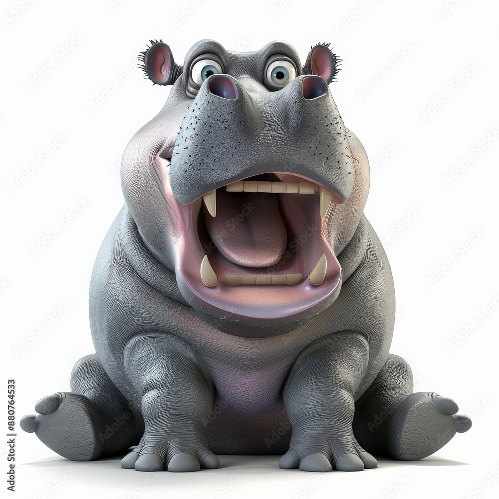 A cartoon 3D happy hippopotamus with a wide mouth and big smile ...