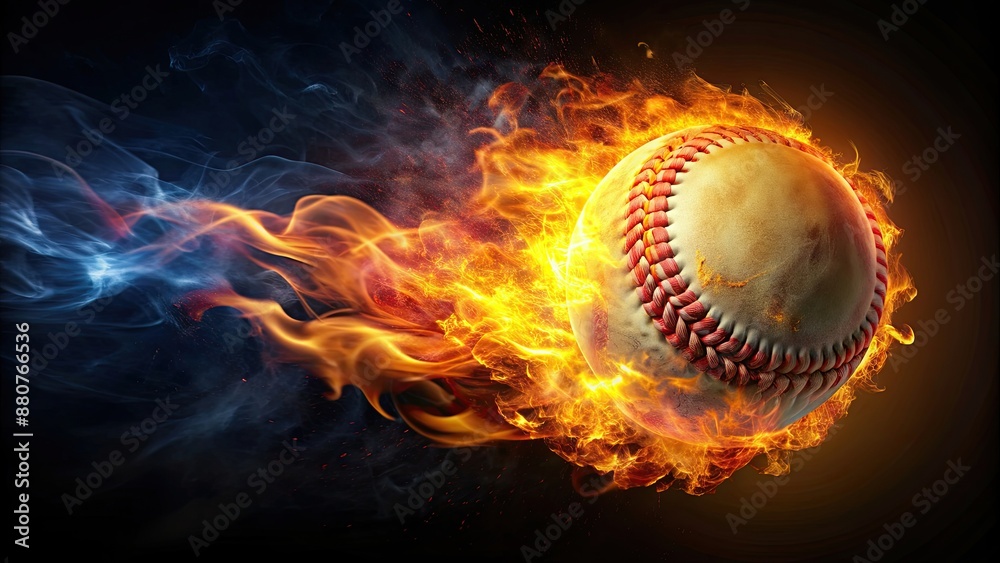 Softball ball in neon fire flames in explosion on dark glossy ...