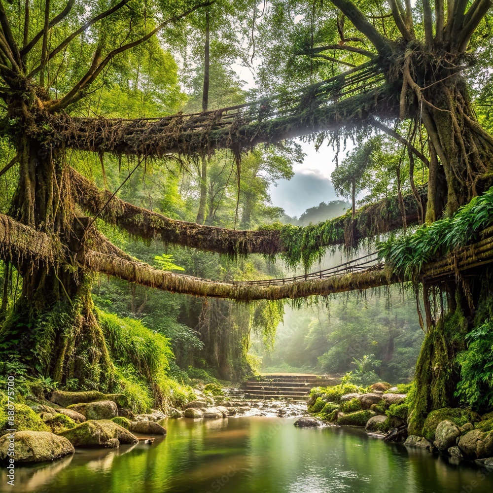 Double Decker Living Root Bridge in the green jungle the power of ...