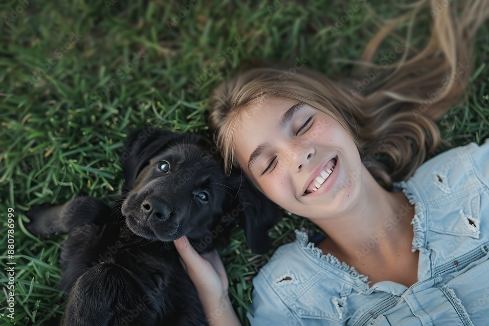 Portrait of kid playing with dog on a green grass yard. Child teen with ...