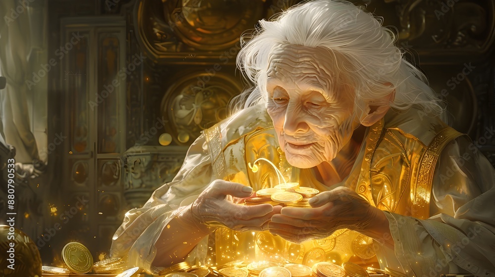 Elderly Matriarch Tenderly Cupping Glimmering Golden Coins in Ornate ...