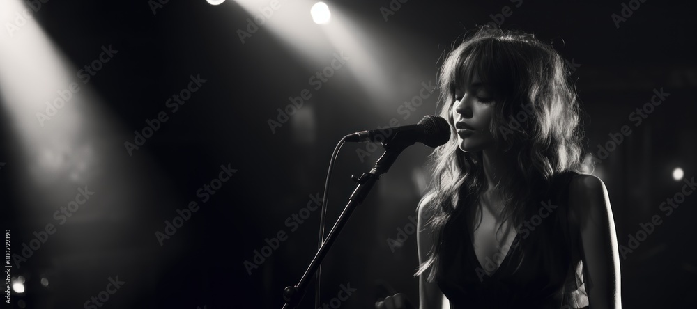 Emotional female classic rock singer, Beautiful woman singing on stage ...