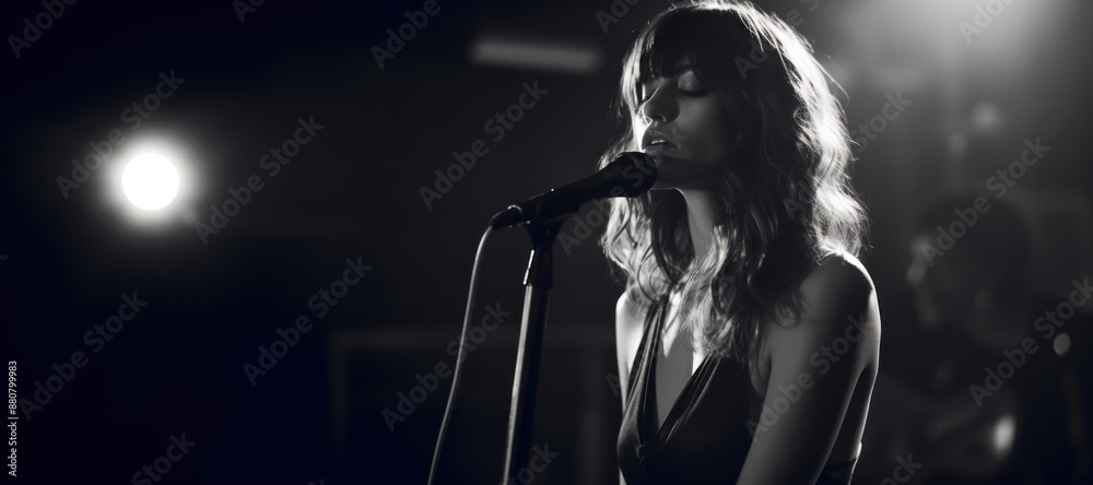 Emotional female classic rock singer, Beautiful woman singing on stage ...
