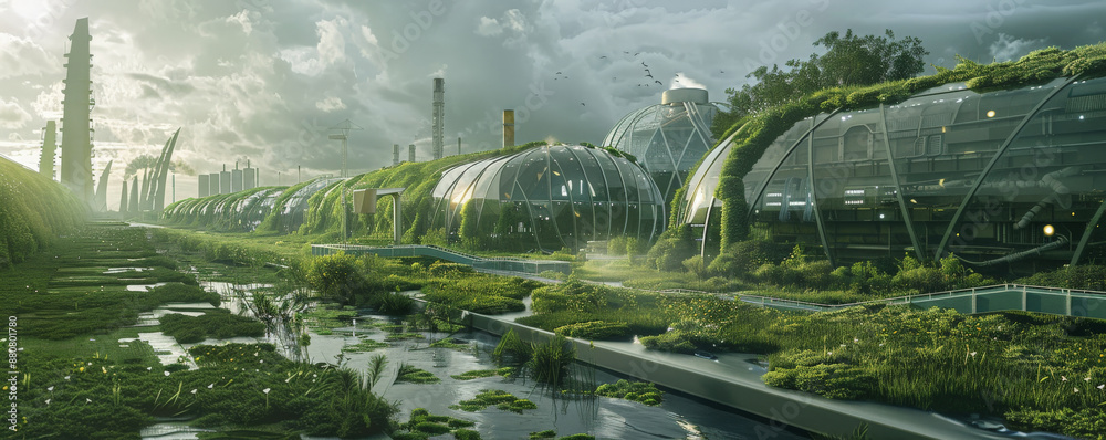 A futuristic recycling facility with green energy sources powering the ...