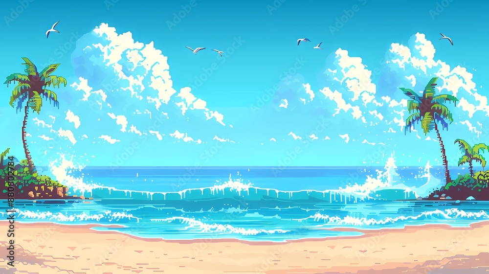 Pixel art background with 8-bit style Beach and Sea. Summer Pixel Game ...