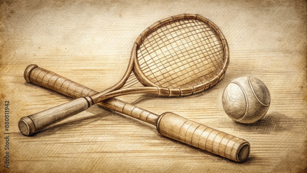 Vintage style pencil drawing of a detailed beach tennis racket with a ...