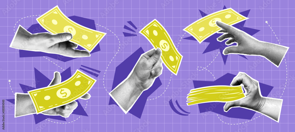 Collage with halftone hands, cash money and shapes. Payment, offer ...