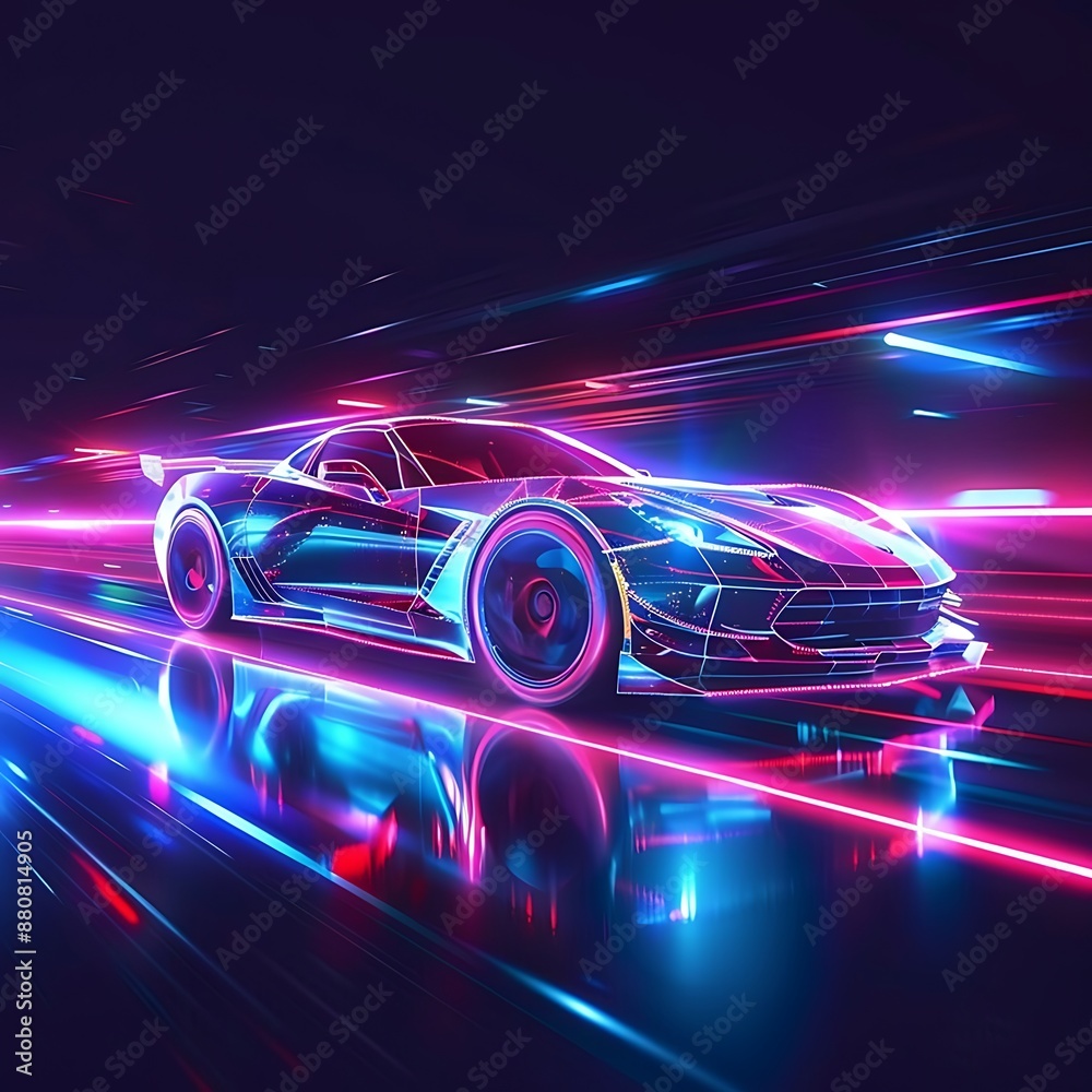 Fast speed Sport car with digital infographic on neon glowing modern ...