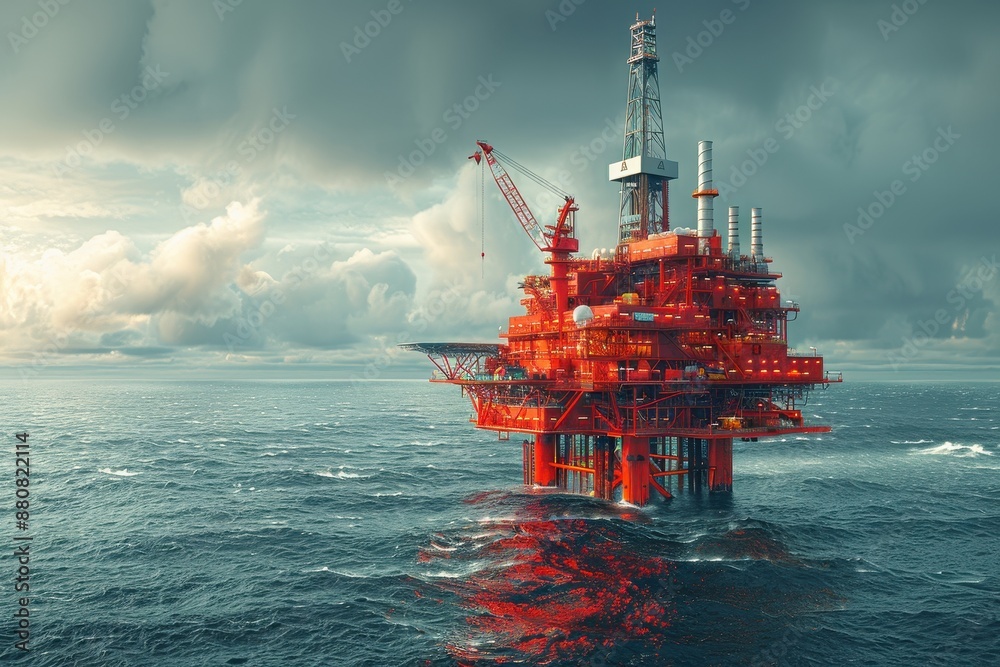 Offshore drilling rig in the middle of the ocean during a stormy day ...