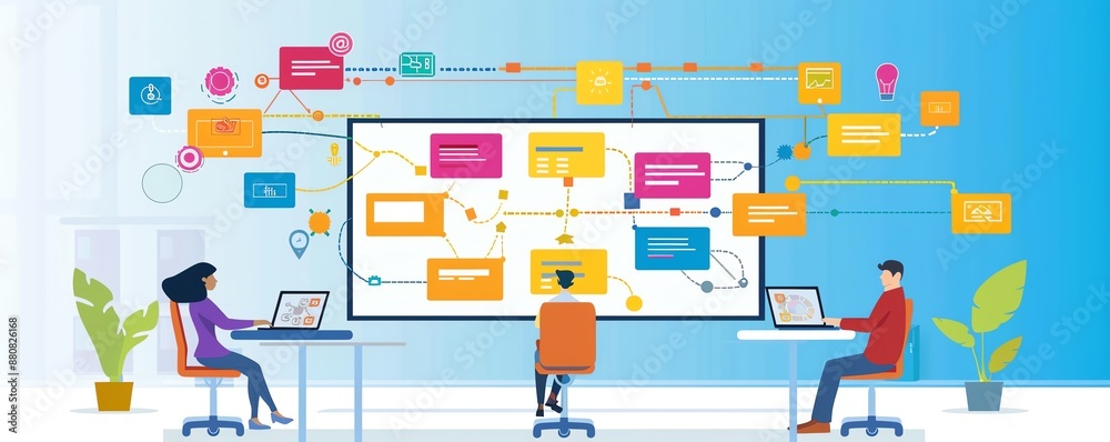 Task management flat design front view theme workflow animation vivid ...