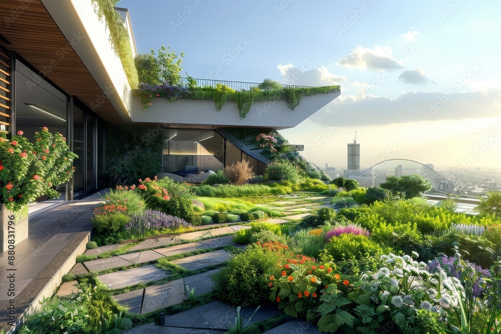 7 Rooftop garden with futuristic architecture, realistic, high ...