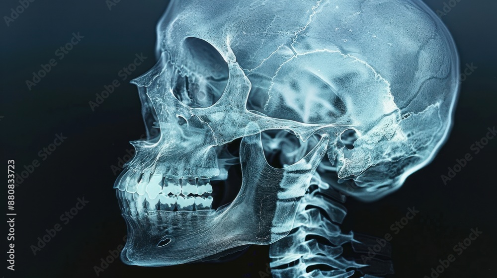 A detailed X-ray image of a human skull, highlighting bone structure ...