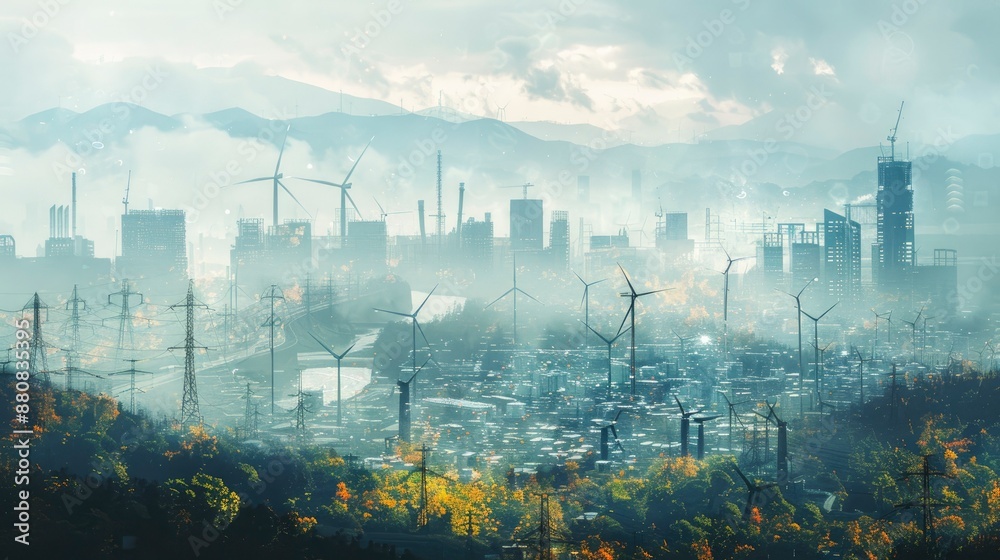 A collage-style stock photo depicting various sustainable energy ...