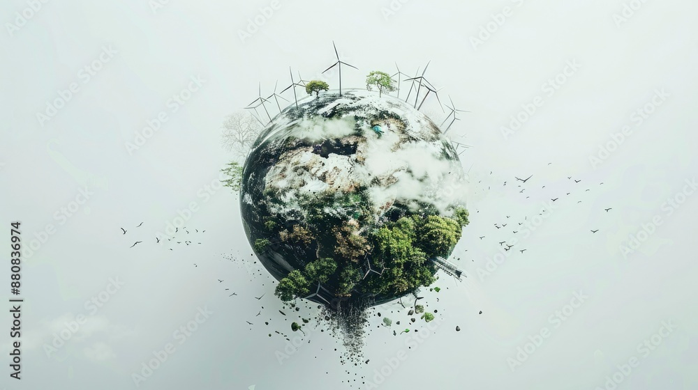 An image showing a double exposure of a globe with various renewable ...