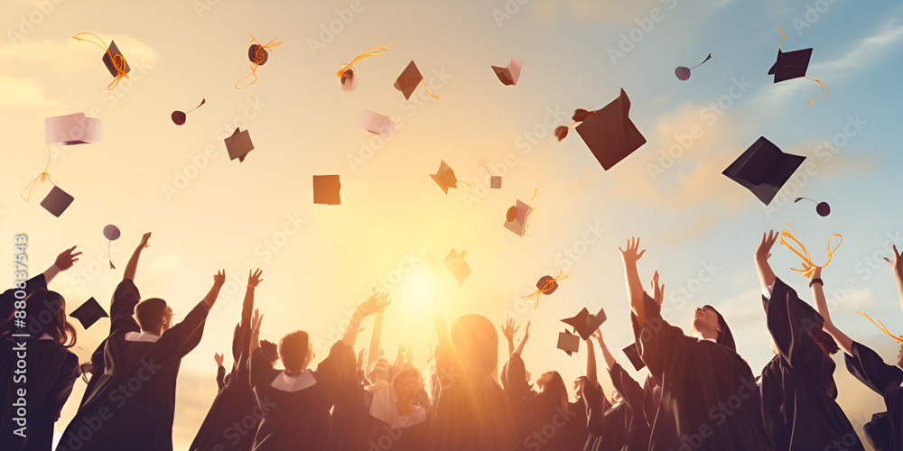 Graduation concept silhouettes of many happy students in gowns throwing ...