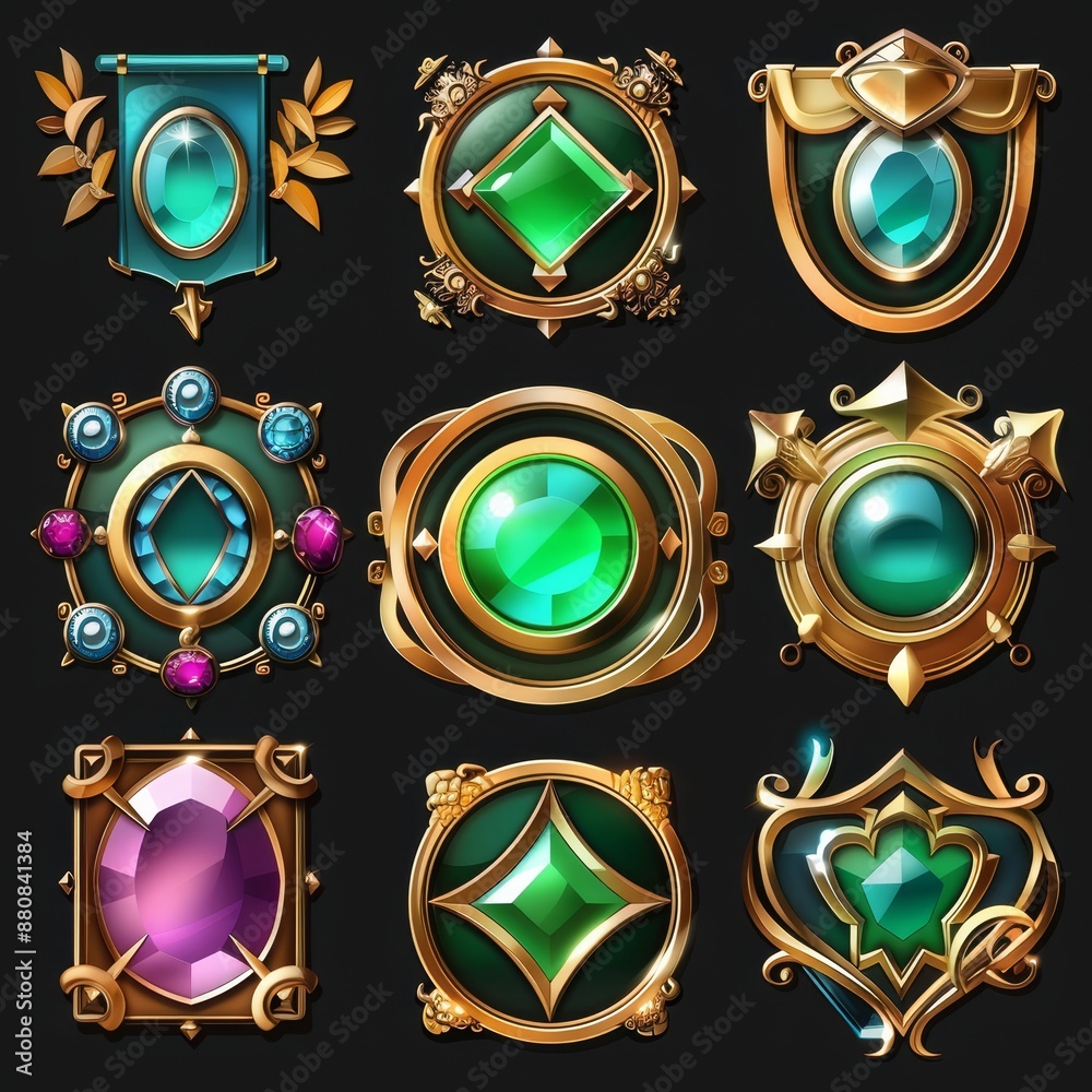 A modern golden game frame, UI gui medieval interface badge on a black ...