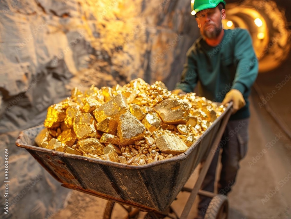 Miner pushing cart filled with gold rocks in an underground tunnel ...